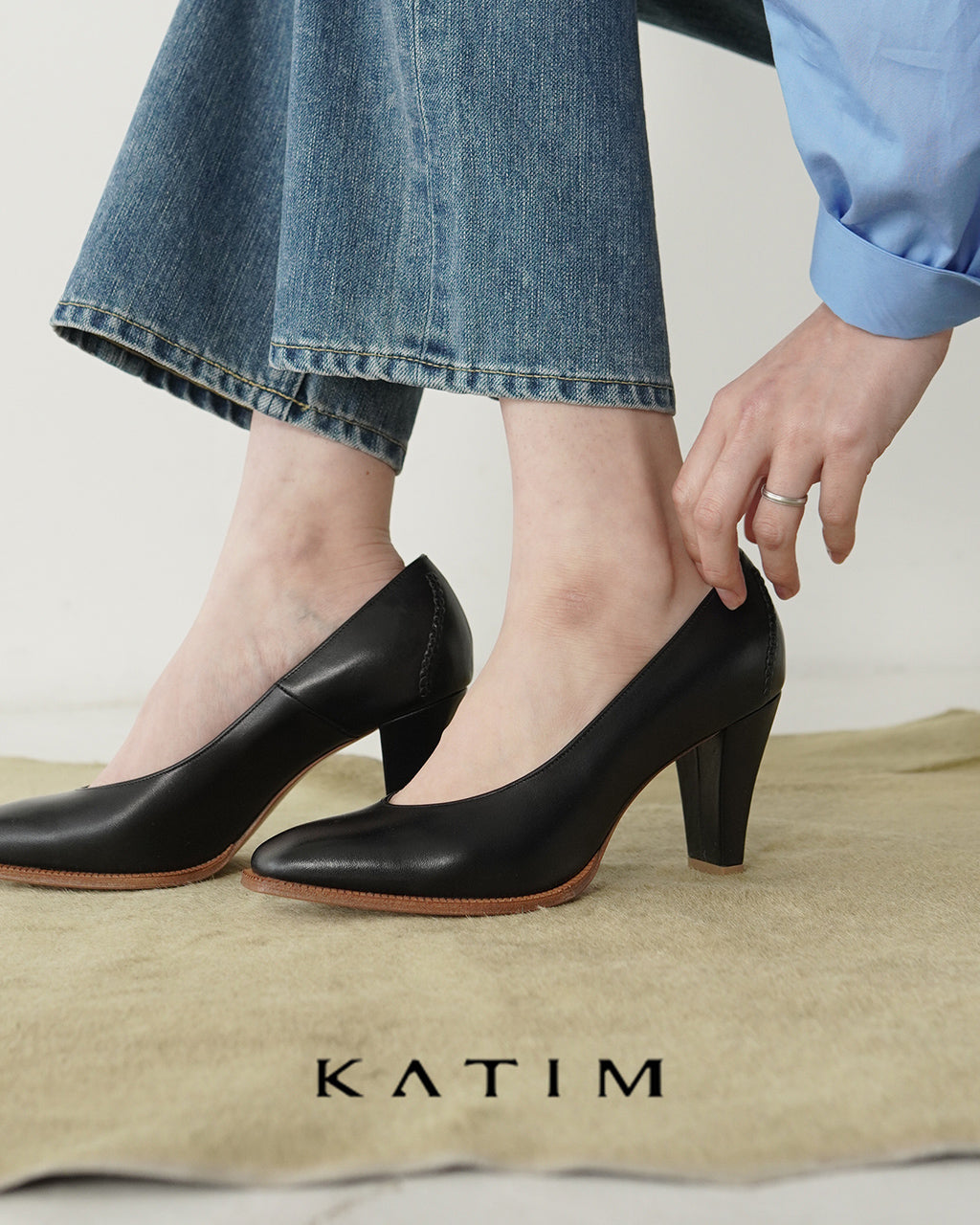 KATIM SCALA レディース ヒールシューズ ブラックカーフ オリジナルヒール 安定感 押し縁